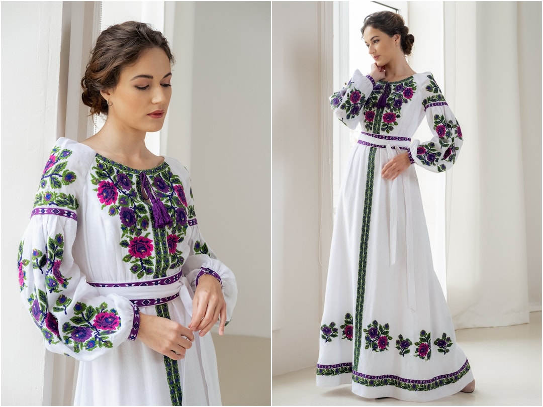 Colorful Embroidered Linen Wedding Dress With Belt, Ukrainian Floral ...
