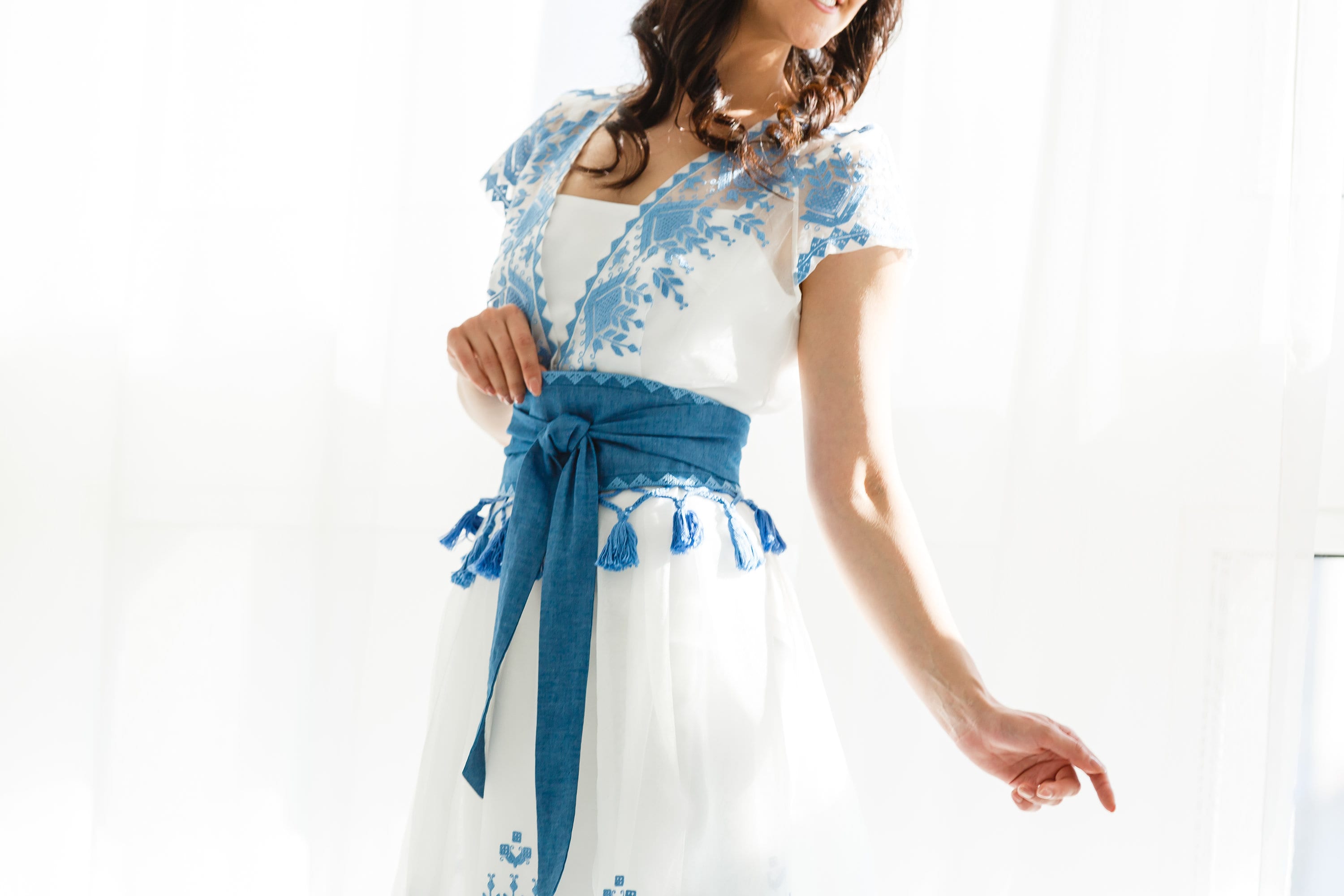 Sheer Organza Midi Tea Length Wedding Dress With Ethnic Sheer Organza Midi Tea Length Wedding Dress With Ethnic