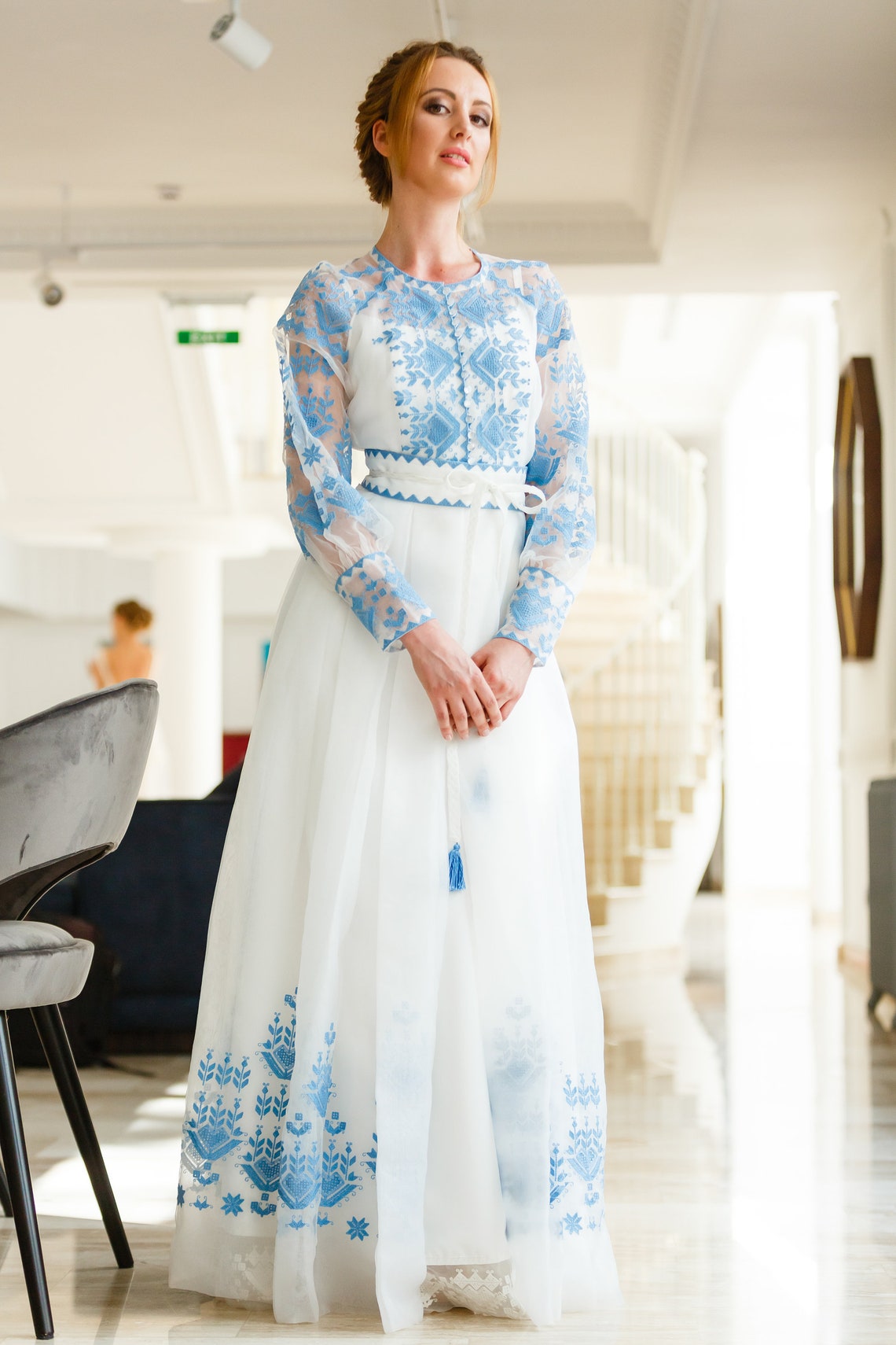 Blue Button Neck Wedding Dress With Ukrainian Embroidery - Etsy