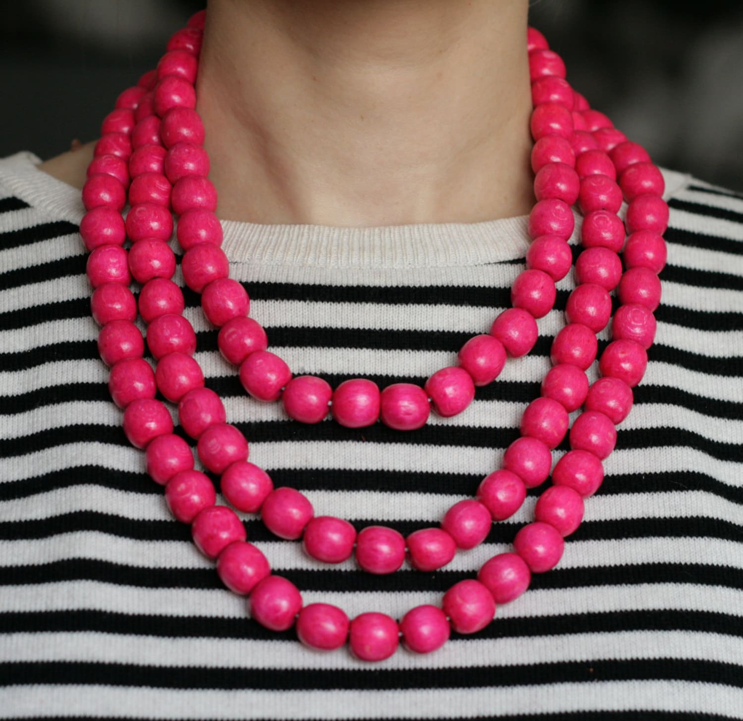 Hot Pink Necklace Wooden Bead Necklace Pink Bead Necklace Etsy