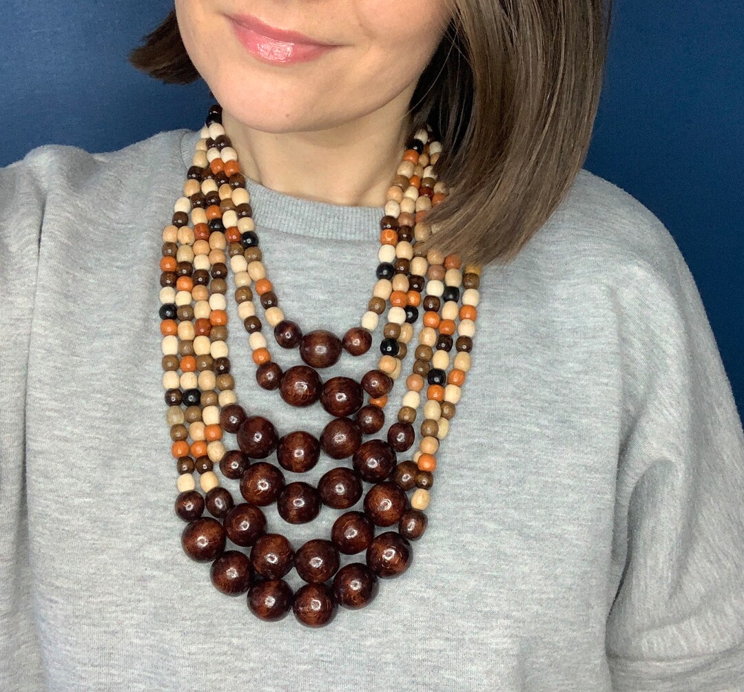 Large Wood Bead Necklace for Women, Bohemian Long Layered Beads ...