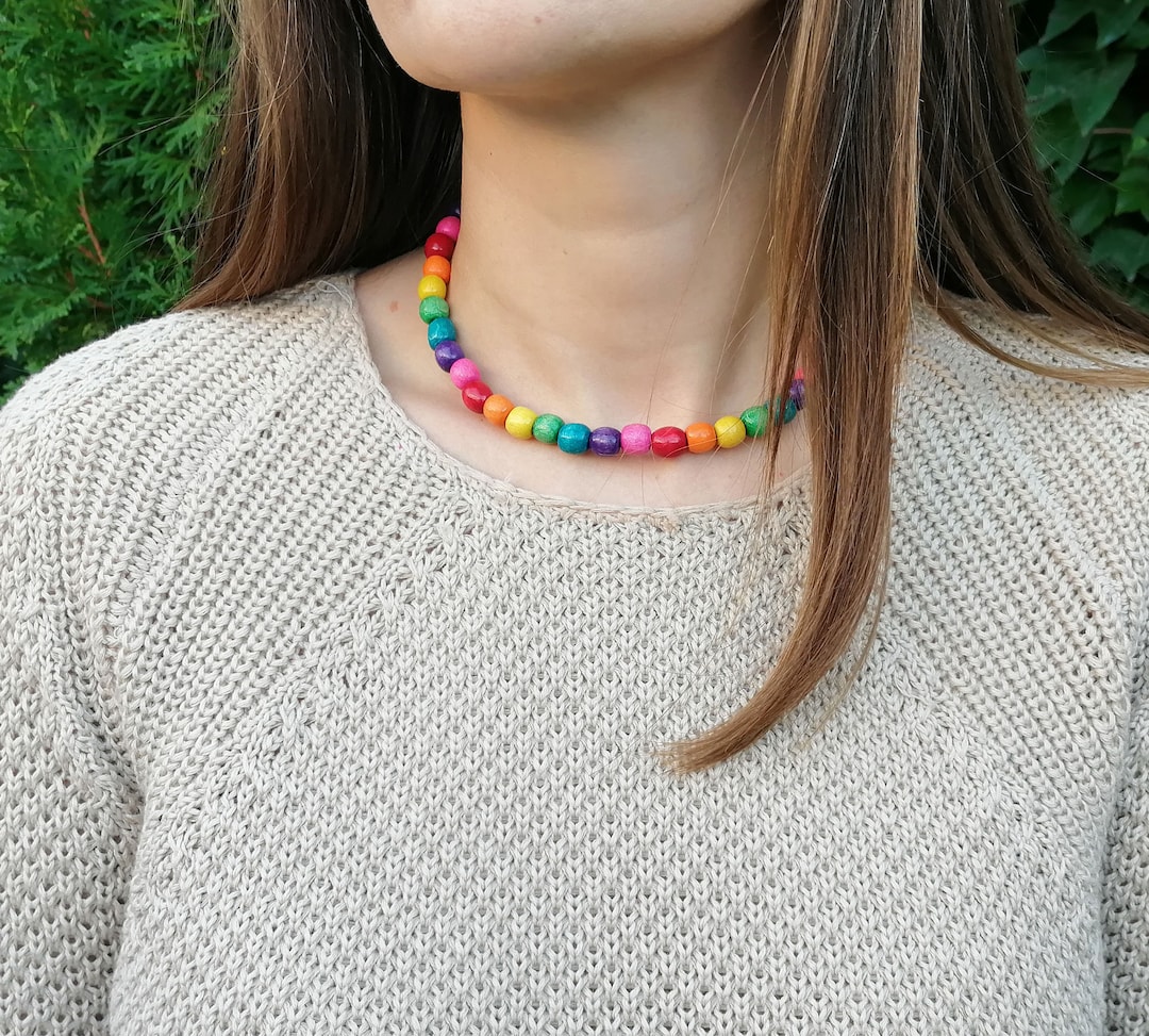 Colorful Wooden Bead Necklace, Rainbow Wood Choker Necklace, Bohemian ...
