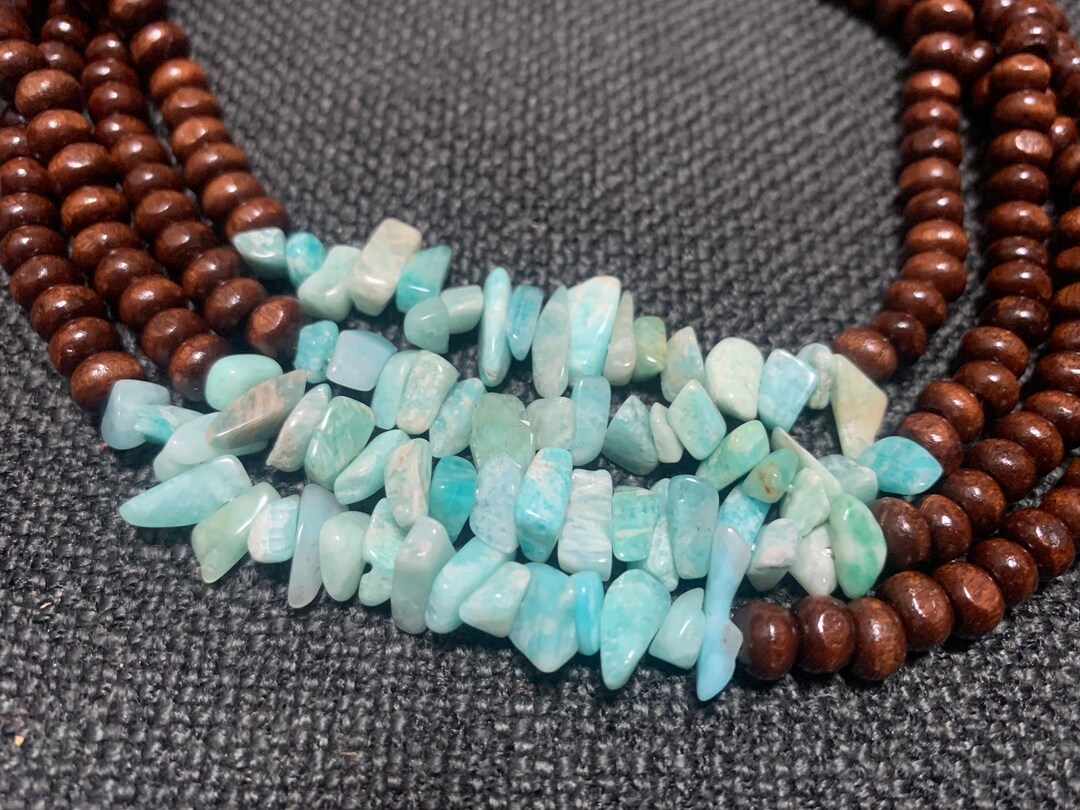 Wooden Bead Choker Necklace With Amazonite Accents for Women, Artisan ...