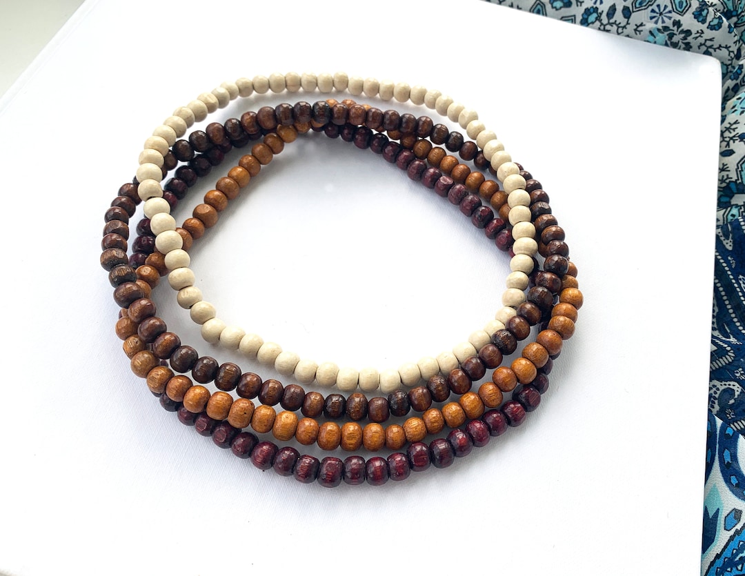 Wooden Bead Necklace Elastic, Natural Wood Beaded Choker, Hippie ...