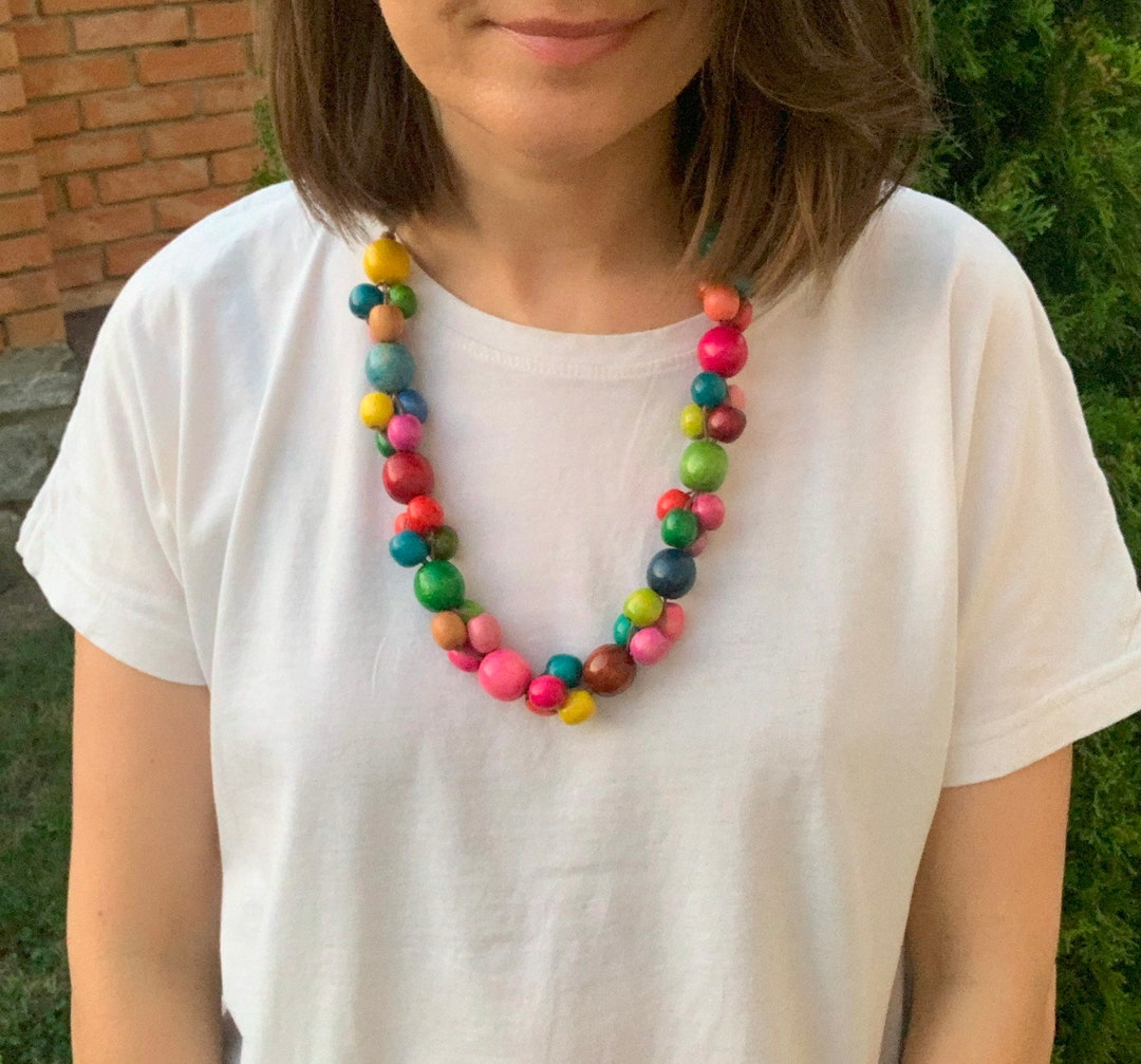 Colorful Wooden Bead Necklace for Women, Chunky Natural Handmade ...