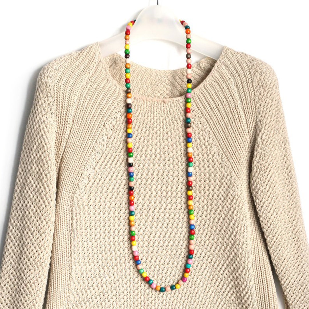 Long Wooden Bead Necklace, Rainbow Bead Necklace for Women, Multicolor ...
