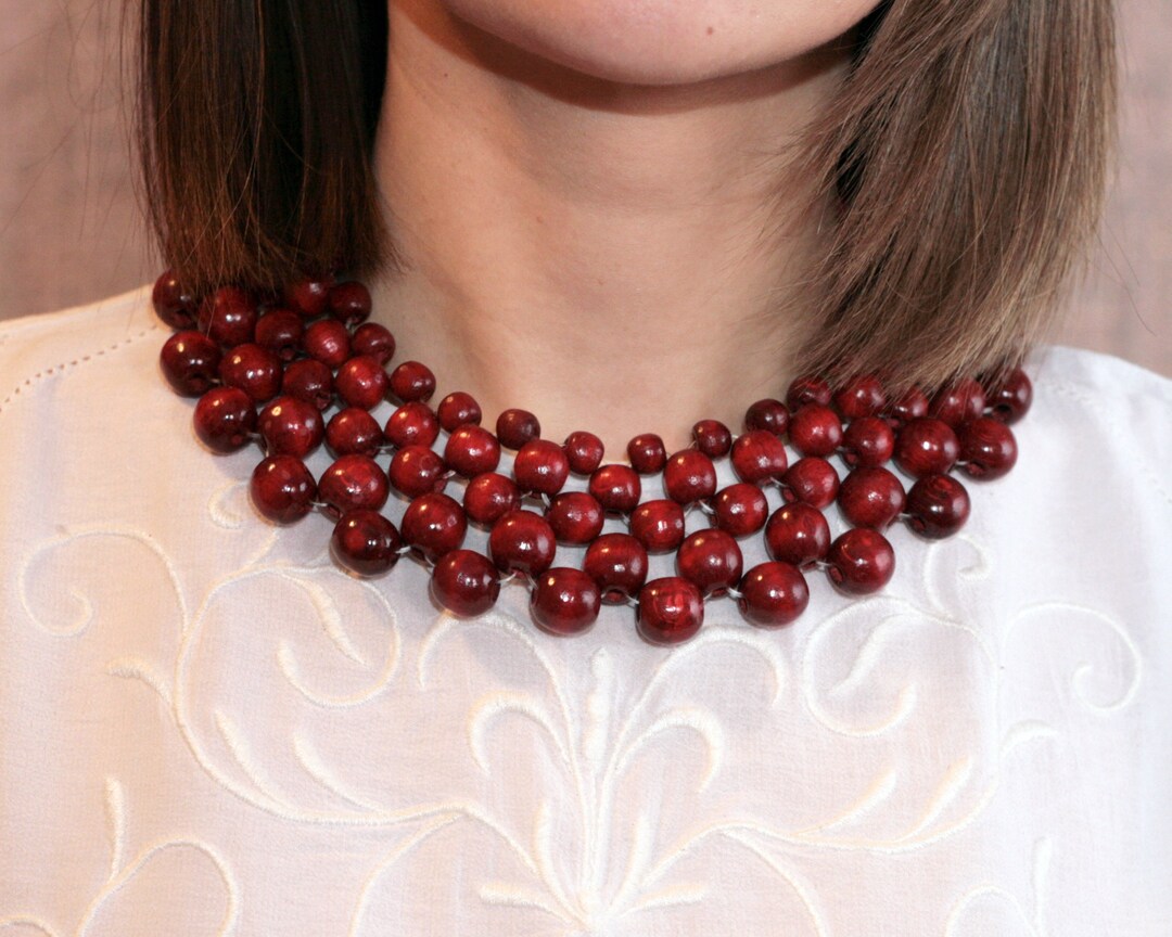 Handmade Wood Bead Bib Necklace for Women - Burgundy Ollar Statement ...