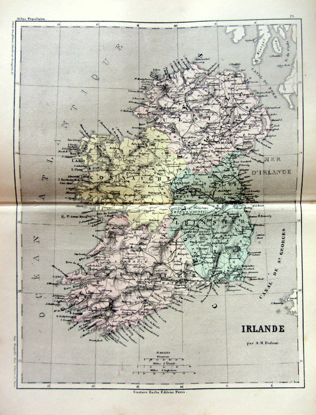 1855 Vintage Ireland Map, Antique Original Atlas Engraving Map, Color ...