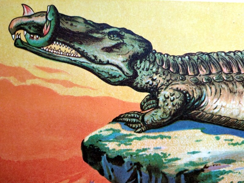 Antique Dinosaur Print Engraving, 1900 Original Color Lithograph of ...