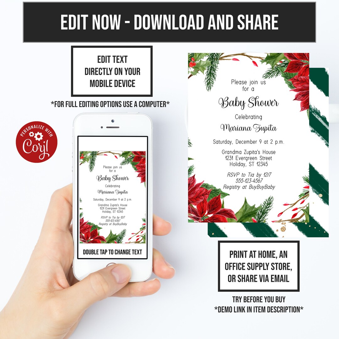 Floral Christmas Baby Shower Invitation, Holiday Baby Shower, Elegant ...