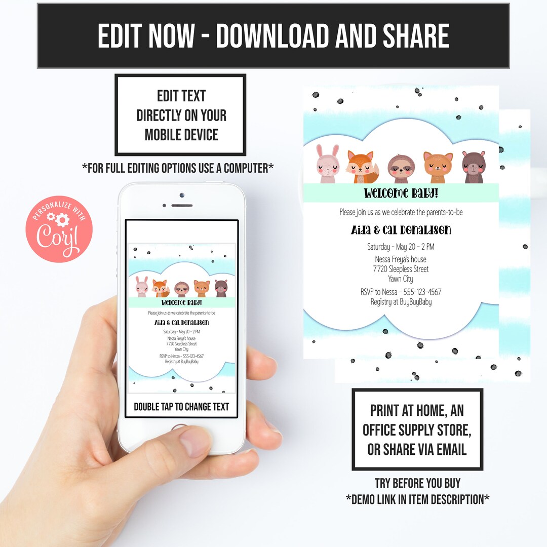 Animals Baby Shower, New Baby Invitation, Instant Access, Sleepy Baby ...