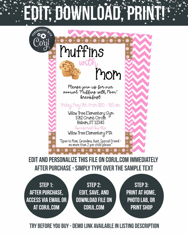 Muffins With Mom Mothers Day Invitation Moms and Muffins | Etsy