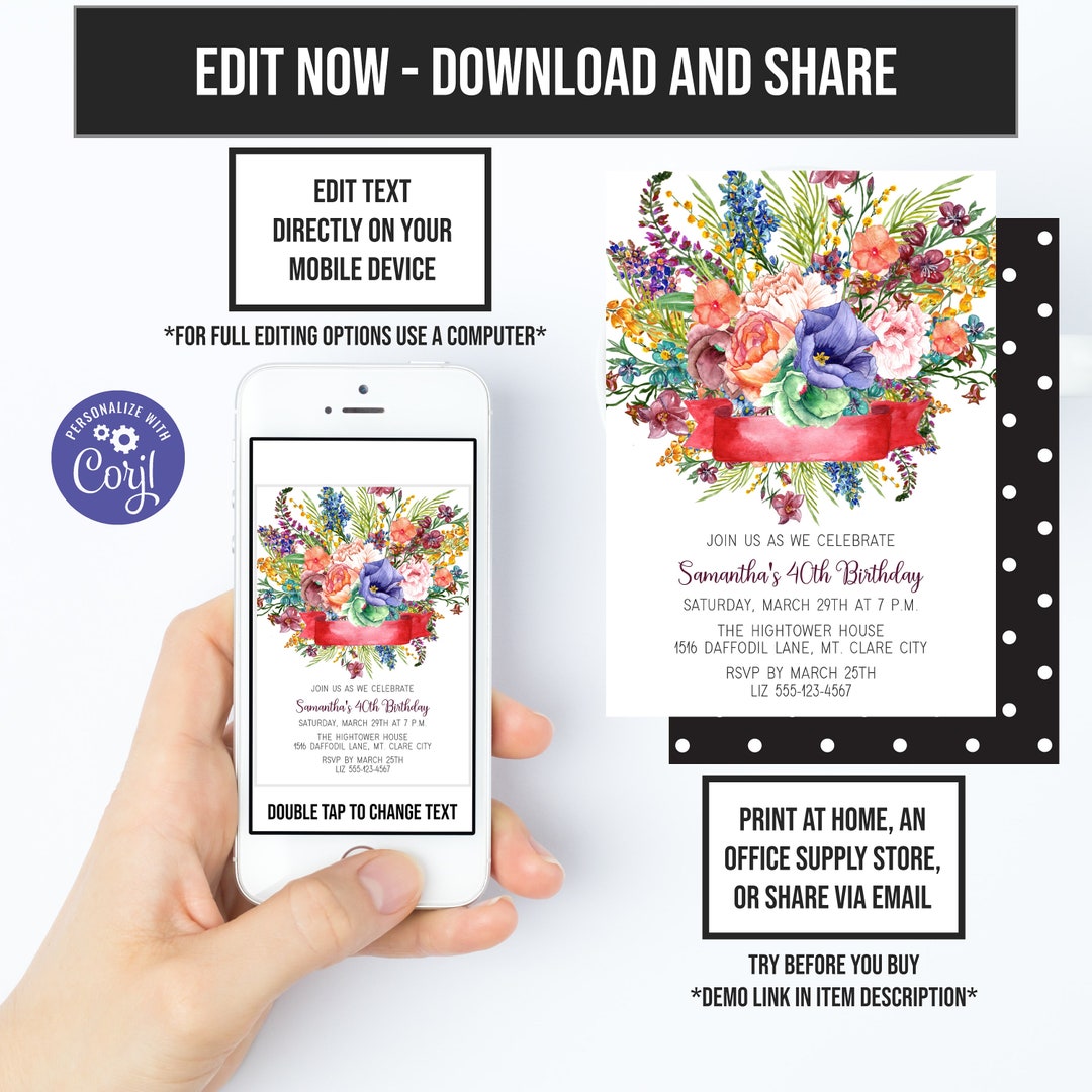 Flower Birthday Invitation Elegant Birthday Invitation - Etsy