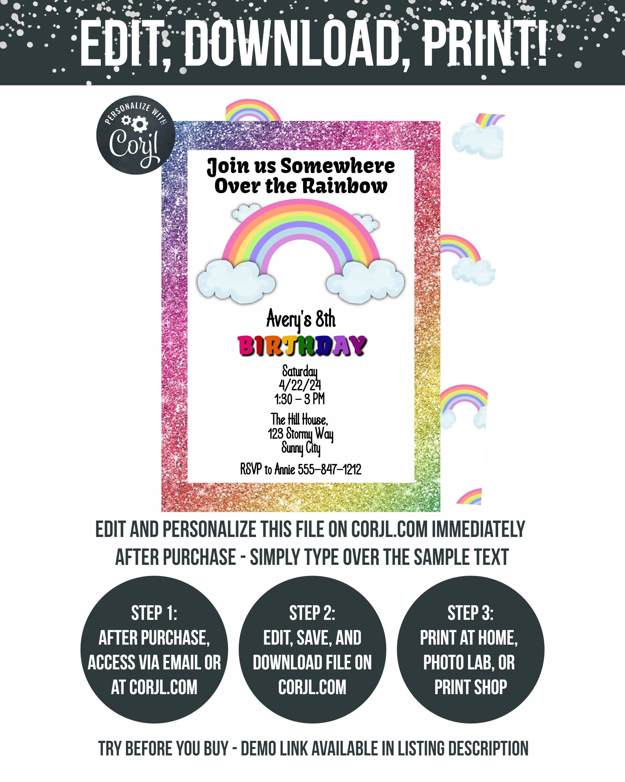 Rainbow Birthday Invite, Rainbow Party Theme, 1st Birthday Invite ...
