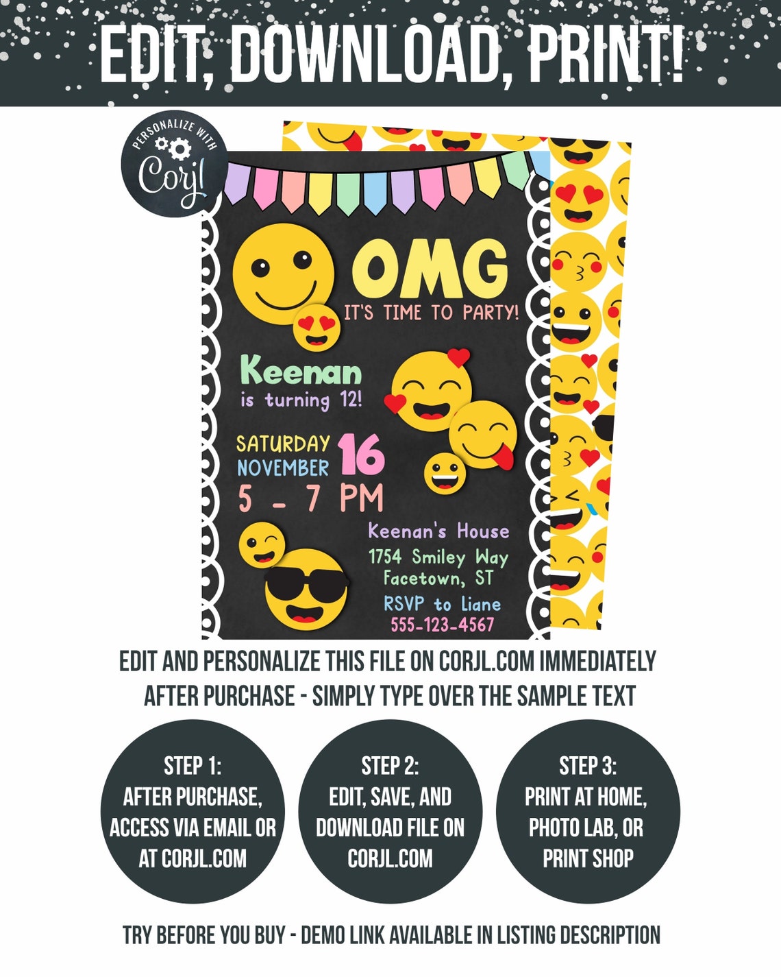 Emoji Invitation Emoji Party Theme Cute Birthday Invite - Etsy