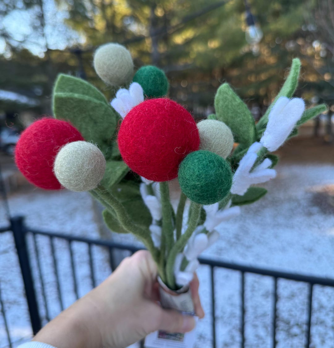 Christmas Holiday Felt Flower Bouquet - Wire Stem - Felt Flower - Vase ...