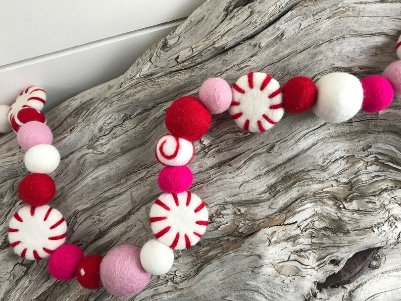 Sweet Candy Peppermint Christmas Garland | Wool Felt Ball | Felt Ball ...