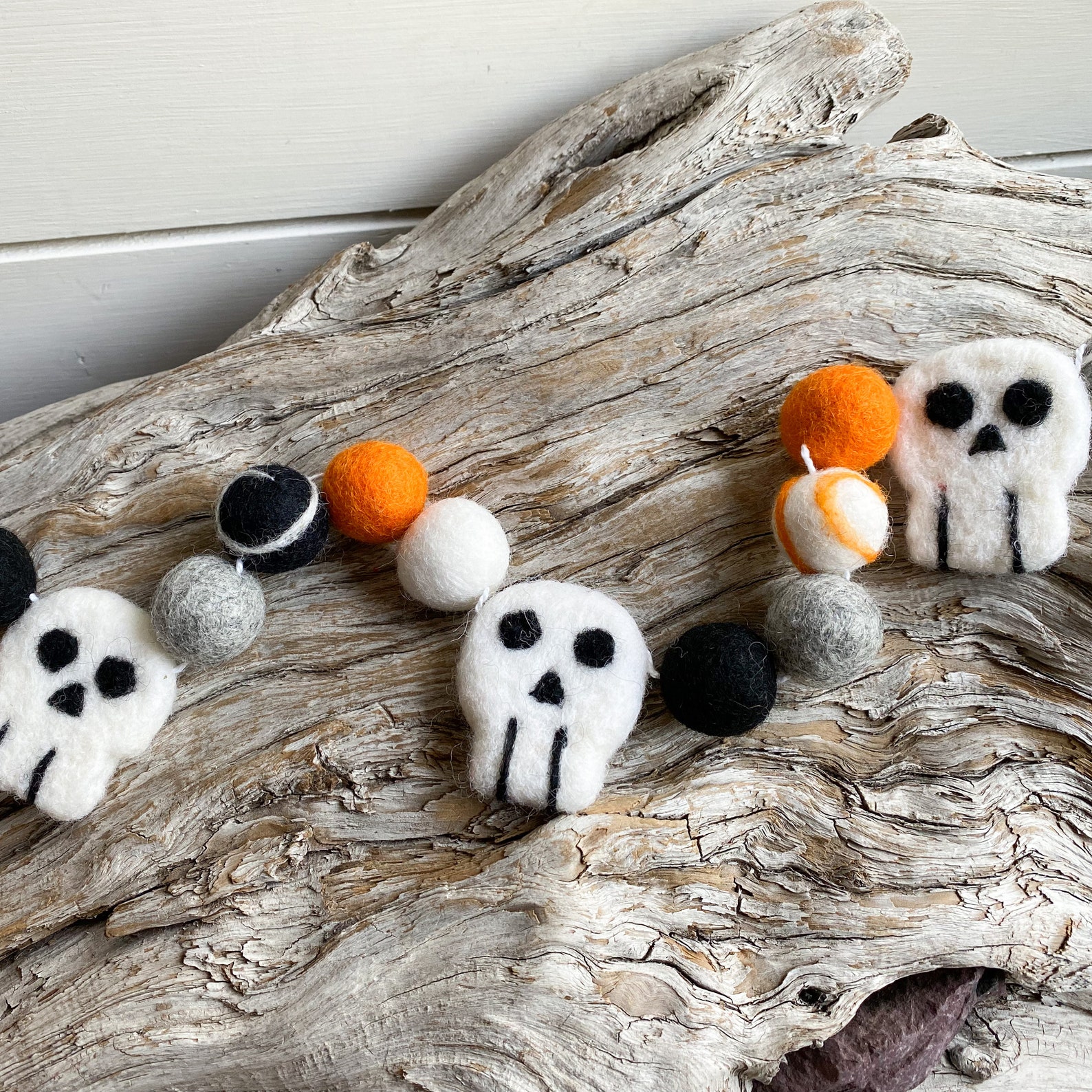 Skulls Orange Black Feltball Halloween Garland Felted Skull | Etsy