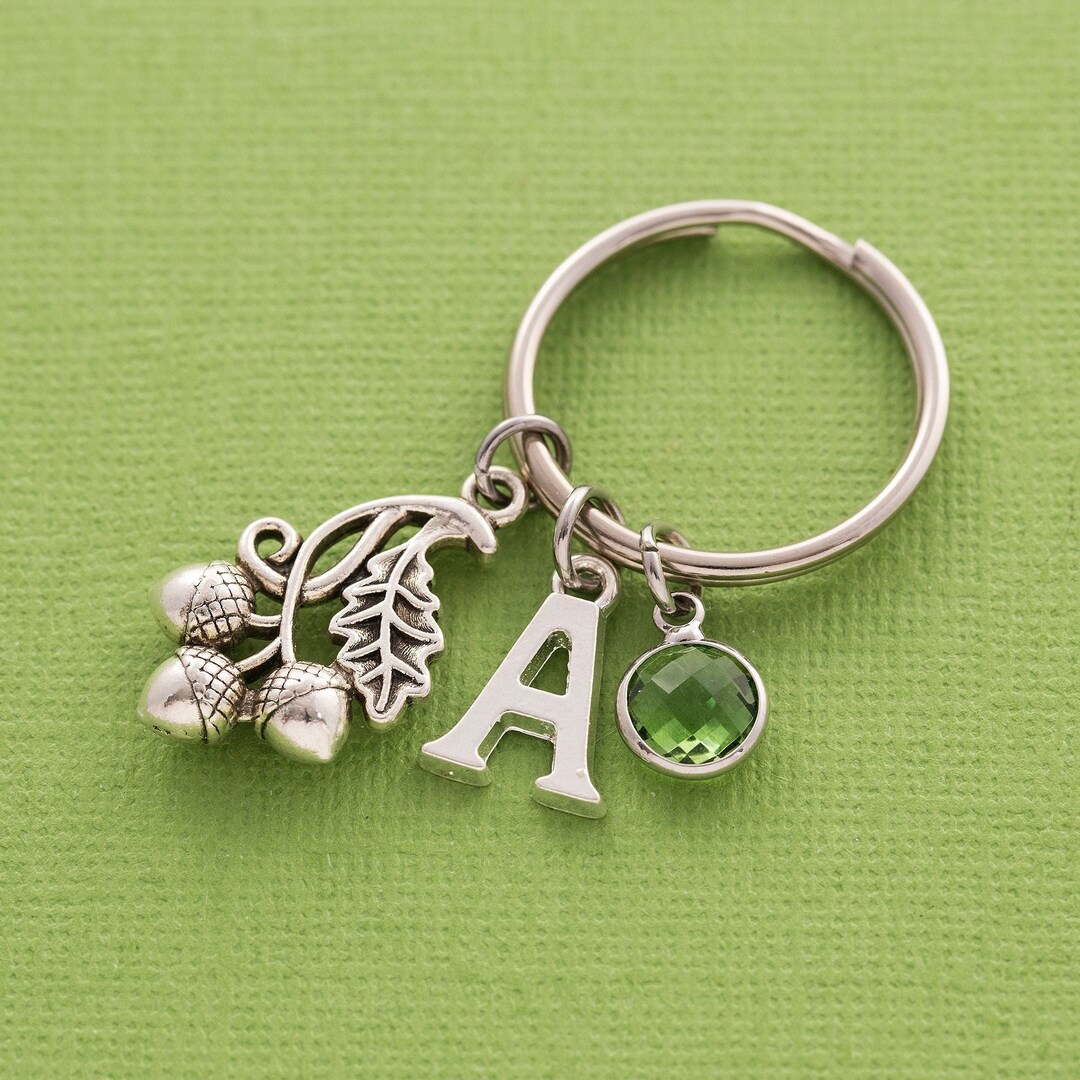 Personalised Acorn Keyring, Custom Keychain, Initial Charm, Birthstone ...