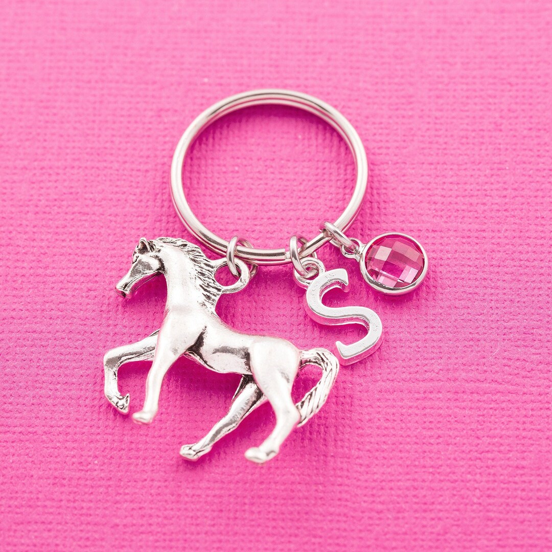 Personalised Horse Keyring, Custom Keychain, Initial Charm, Birthstone ...