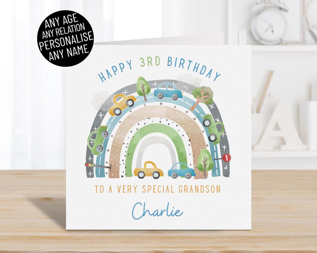 Personalised Cars Happy Birthday Card for Boys, Rainbow Card, Any Age ...