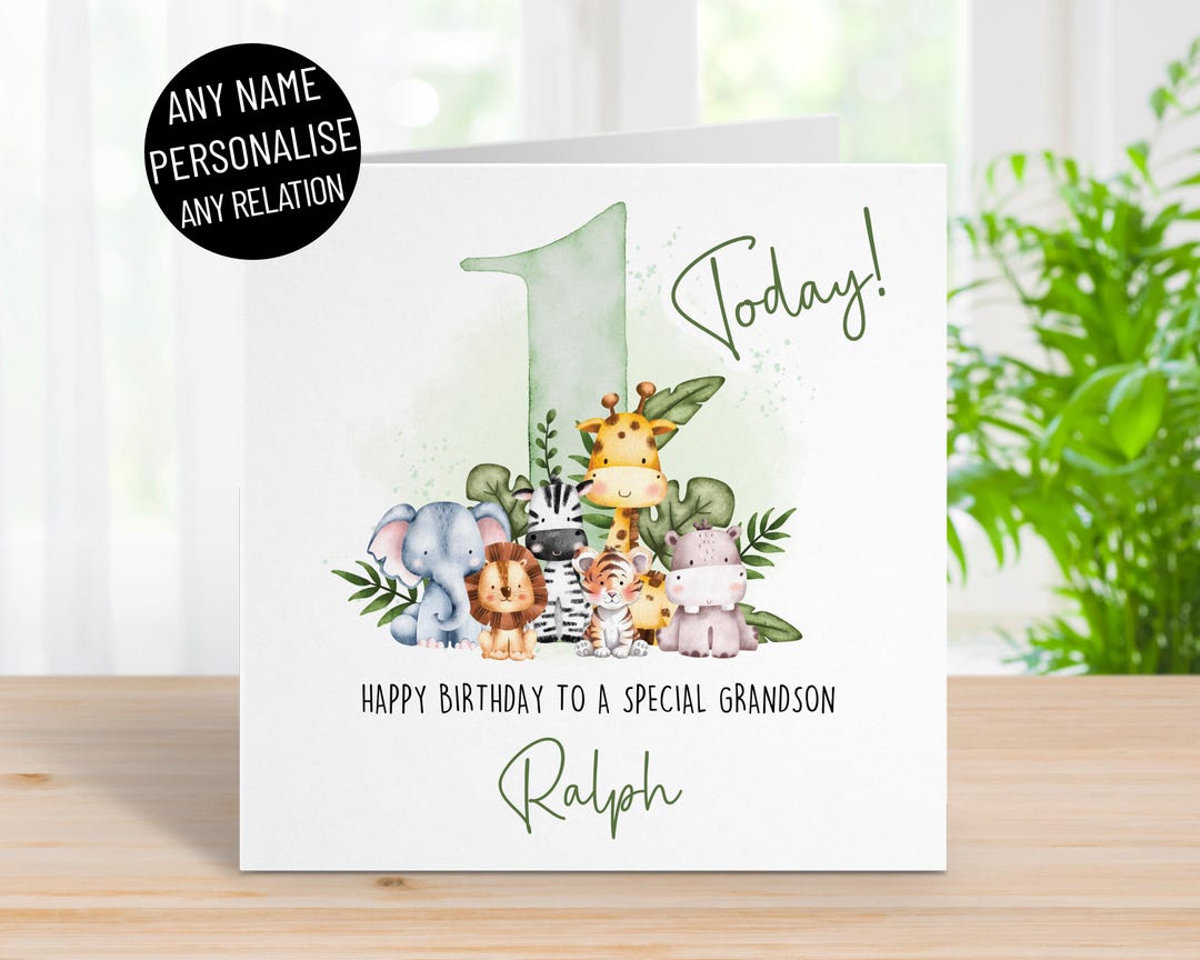 Personalised Safari Animal 1st Birthday Card, Unisex, Any Name ...