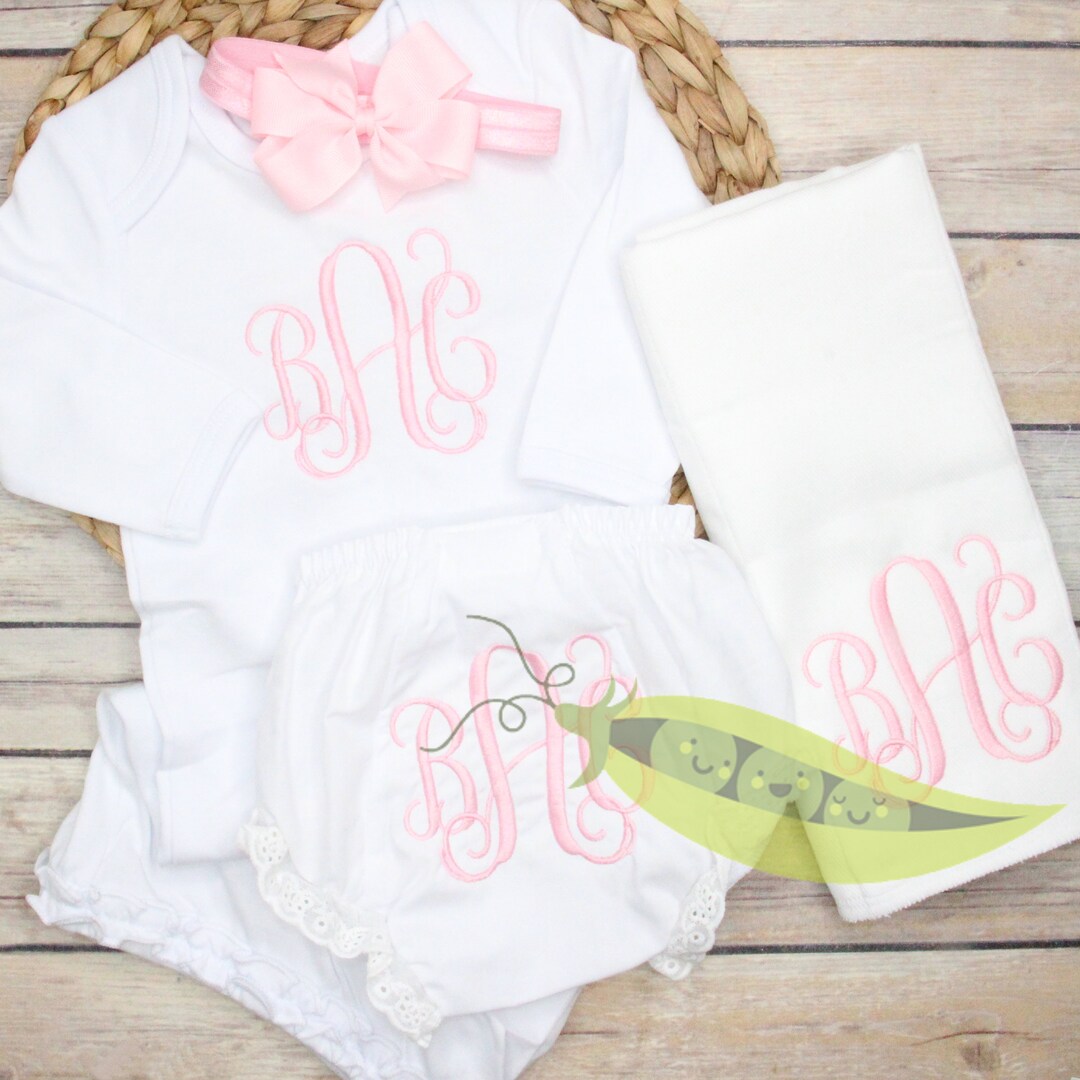 Baby Girl Monogrammed Bloomers/diaper Cover Gown and Burp Cloth Set ...