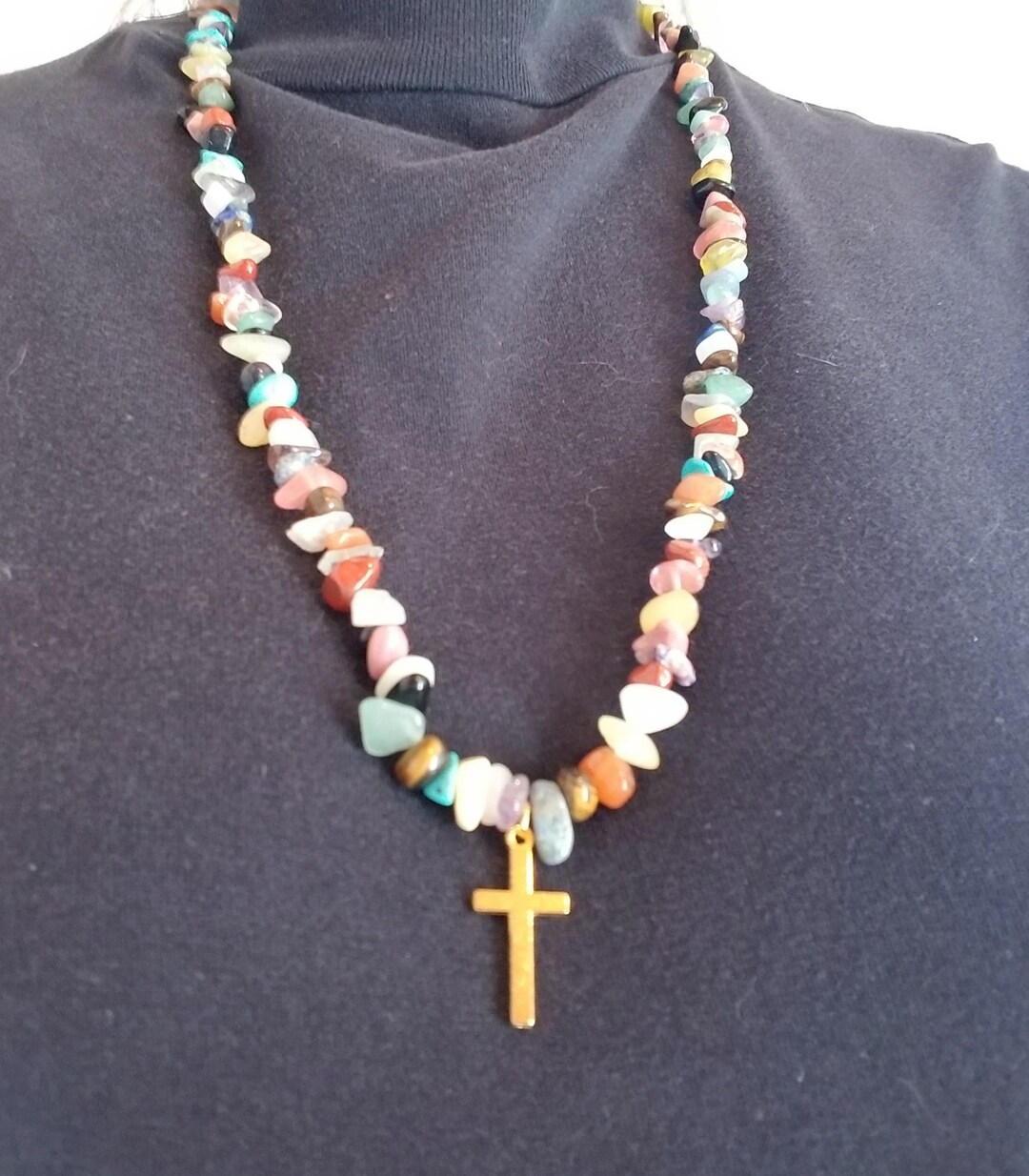 Gemstones Chips Necklace With a Cross - Etsy