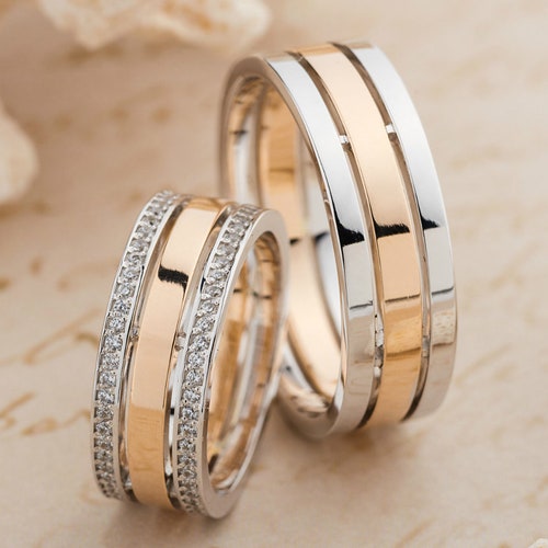 White Gold Wedding Bands With Natural Diamonds. Couple Rings | Etsy