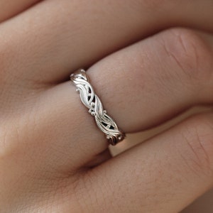 White Gold Wedding Band. Floral Ring Unique. Leaf and Vine Ring. Lace ...