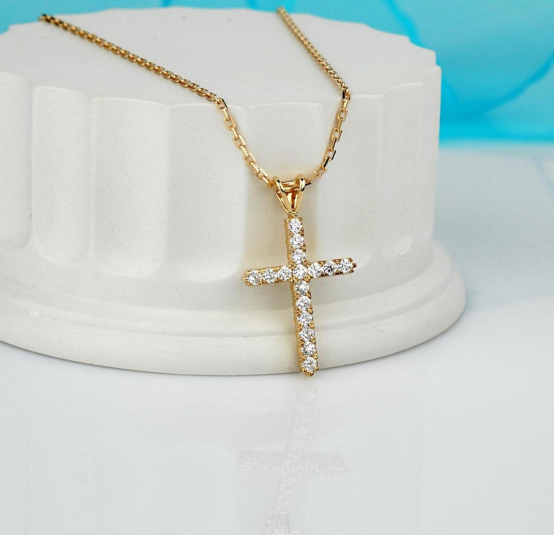 14k Gold Cross Necklace. Solid Gold Cross With Stones. Diamond Cross ...