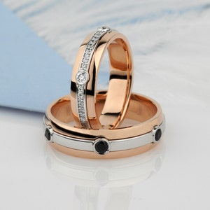 Two-tone Matching Wedding Bands With Black and White Diamonds. Unique ...