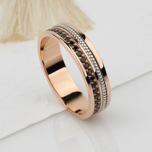 Two-tone Men's Wedding Ring With Black Stones. Wedding Band for Men ...