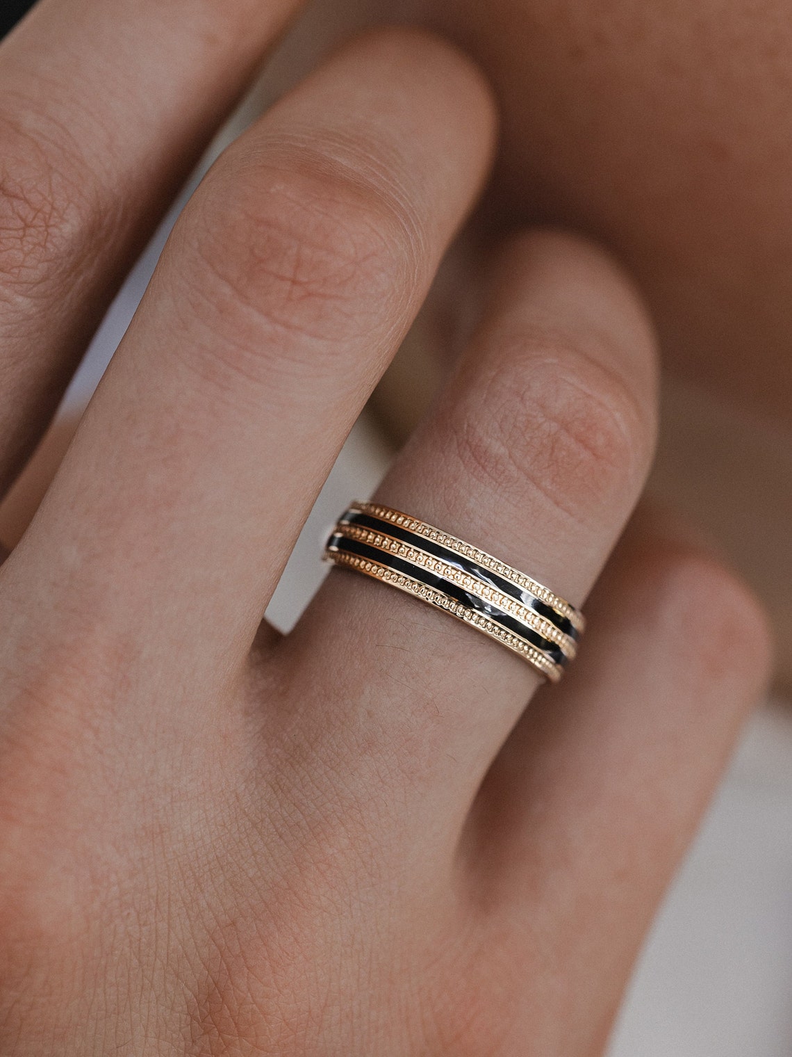 Black and Gold Wedding Band. Gold Ring With Black Enamel. - Etsy