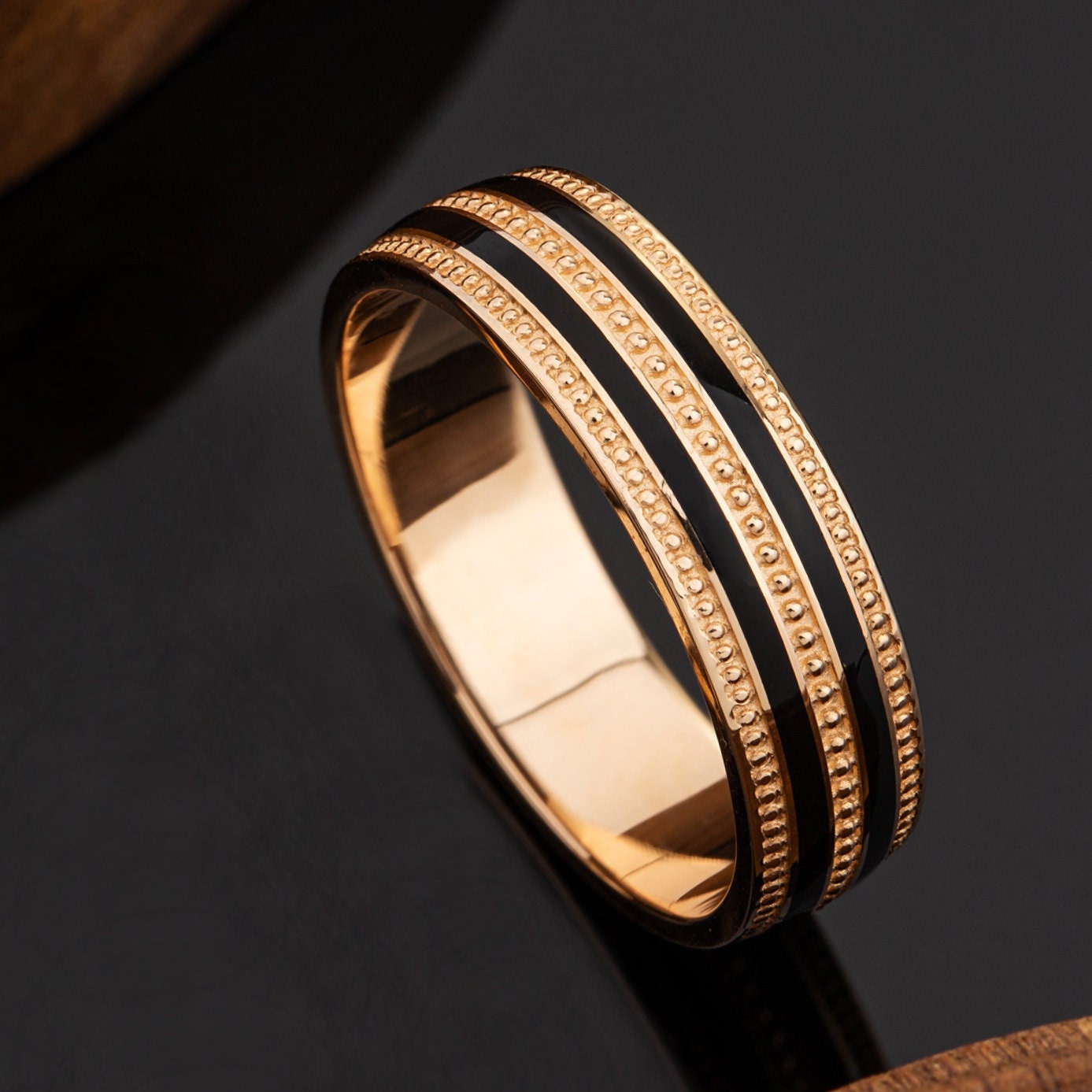 Black and Gold Wedding Band. Gold Ring With Black Enamel. - Etsy