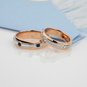 Two-tone Matching Wedding Bands With Black and White Diamonds. Unique ...