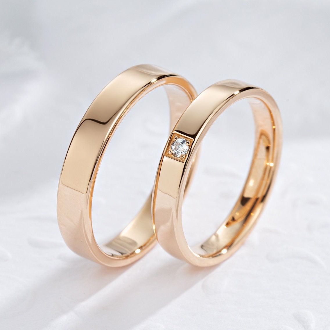 14k Gold Wedding Rings Set With Diamond. Solid Gold Plain - Etsy