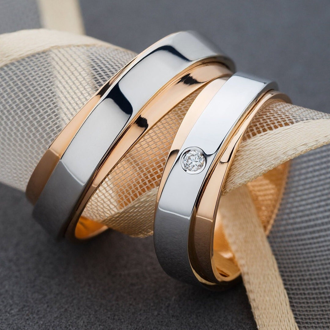 Matching Couple Rings Set. Gold Wedding Bands Set. Promise Rings ...