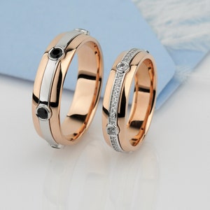 Two-tone Matching Wedding Bands With Black and White Diamonds. Unique ...