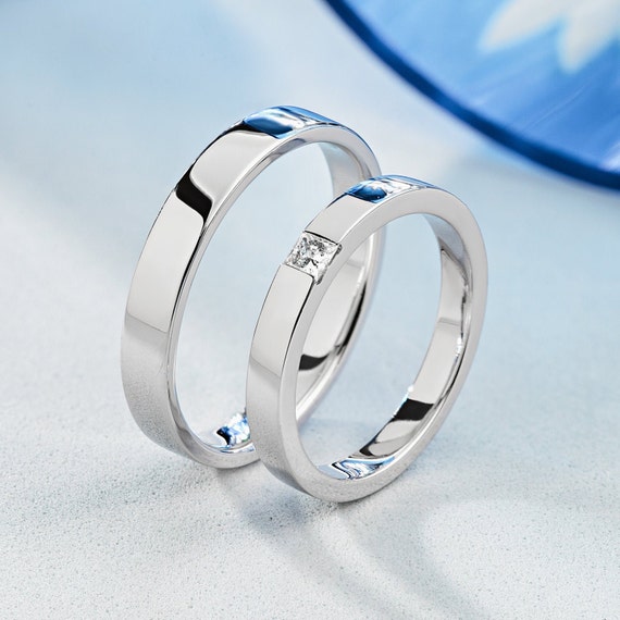 Plain Gold Wedding Bands With Princess Cut Diamond. Couple | Etsy