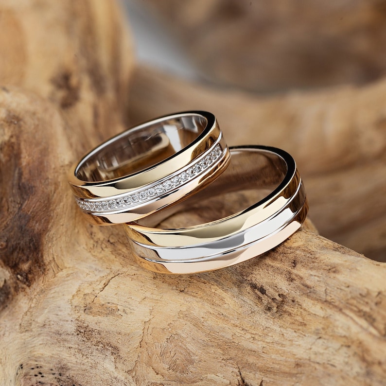 Tricolor Wedding Bands. His and Hers Wedding Bands Set Made of - Etsy