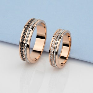 Gold Wedding Rings Set With Black and White Diamonds. Unique Wedding ...