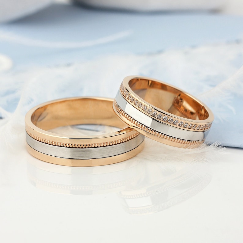 Gold Wedding Bands Set Made of Two Colors of Gold. Unique - Etsy