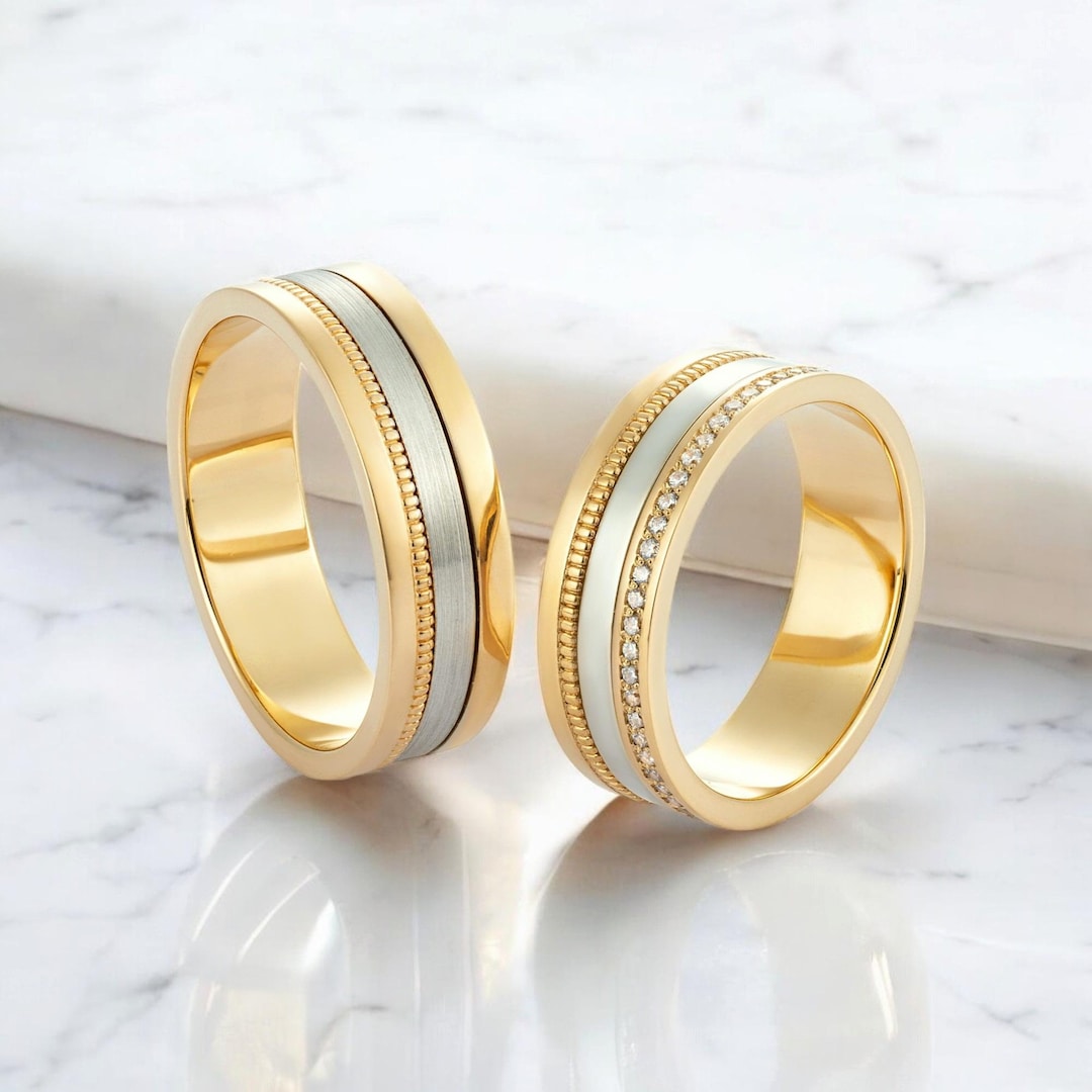 Two-tone Gold Wedding Band Set. Couple Wedding Rings Set. Unique ...