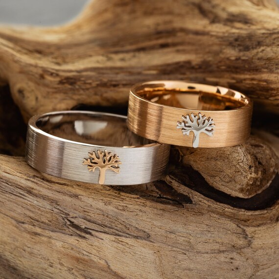 Rustic Gold Bands With Family Tree. Unique Wedding Bands. - Etsy