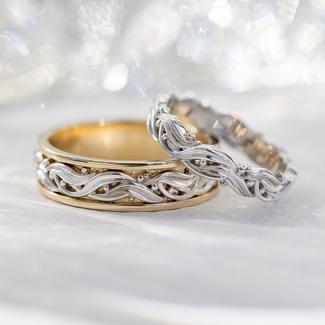 Unique Wedding Bands Set. Couple Wedding Bands. Gold Wedding - Etsy