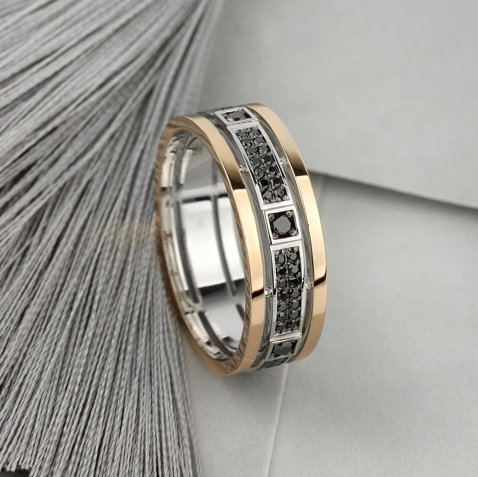 Mens Wedding Band With Black Stones. Two Tone Wedding Band. - Etsy