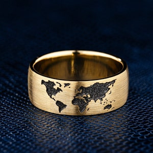14k Gold Wedding Band With World Map. Unique Solid Gold Ring. Gold Ring ...