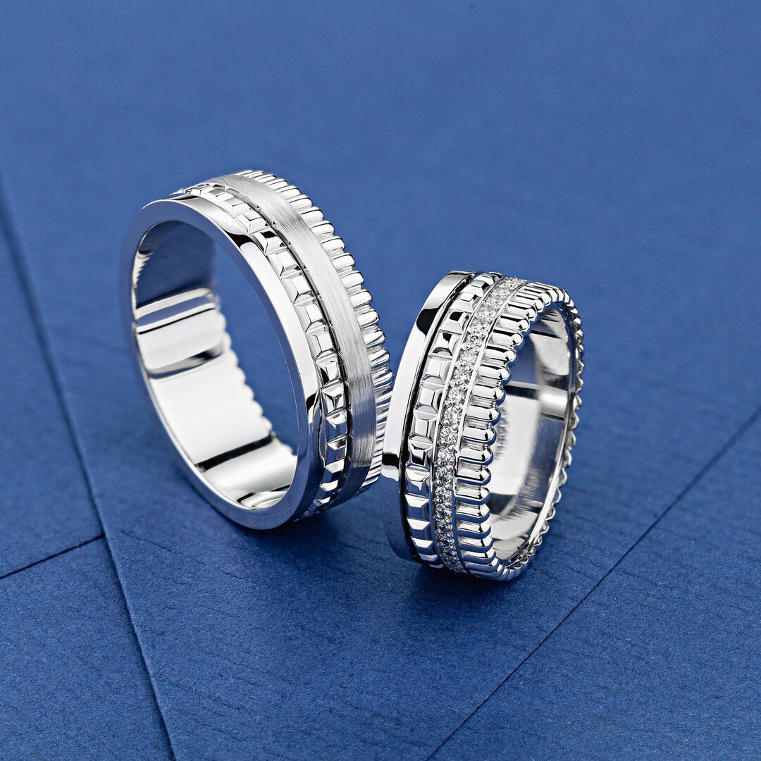 Unique Wide Wedding Rings Set. Couple Wedding Bands. Diamond - Etsy