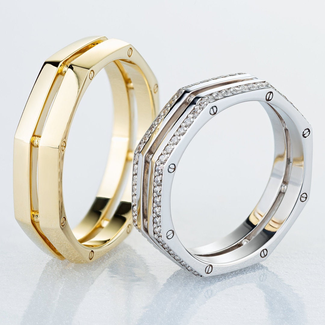 Unique Wedding Rings Set Made of Solid Gold. Matching Wedding Bands ...